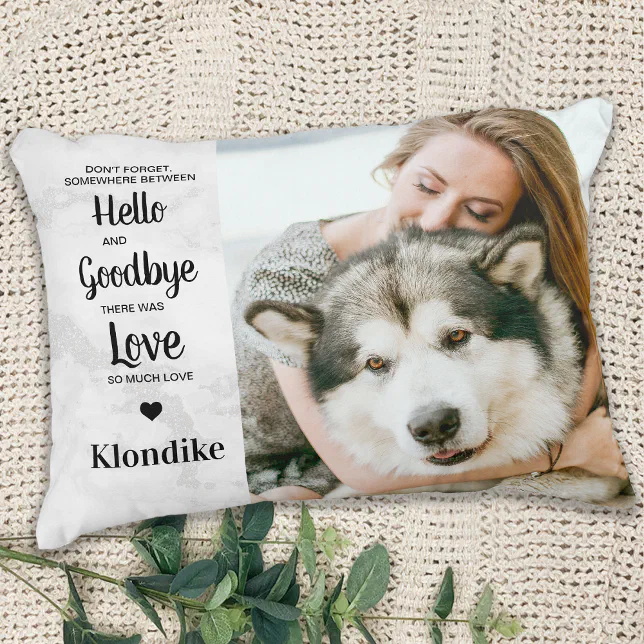Pet Memorial Hello Goodbye Quote Dog Photo Accent Pillow | Zazzle