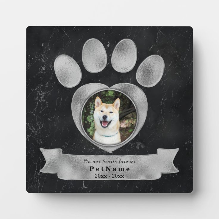 Pet Memorial Tribute Faux Black Marble Silver Paw Plaque | Zazzle