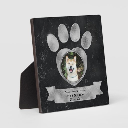 Pet Memorial Tribute Faux Black Marble Silver Paw Plaque | Zazzle