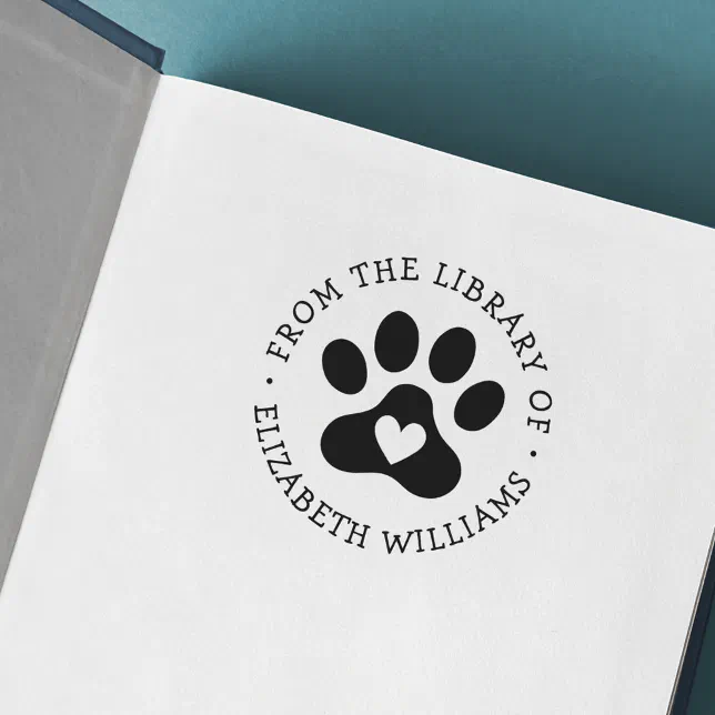 Pet paw print from the library of book add name rubber stamp | Zazzle