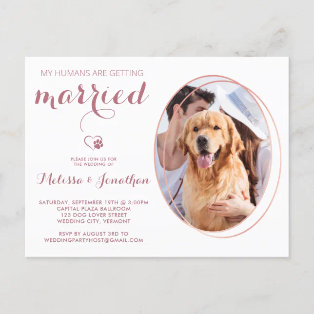 Pet Photo Personalized Dog Wedding Rose Gold Invitation Postcard | Zazzle