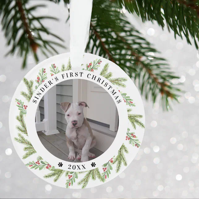 Pet Puppy Dog First Christmas 2 Photos Greenery Ornament | Zazzle
