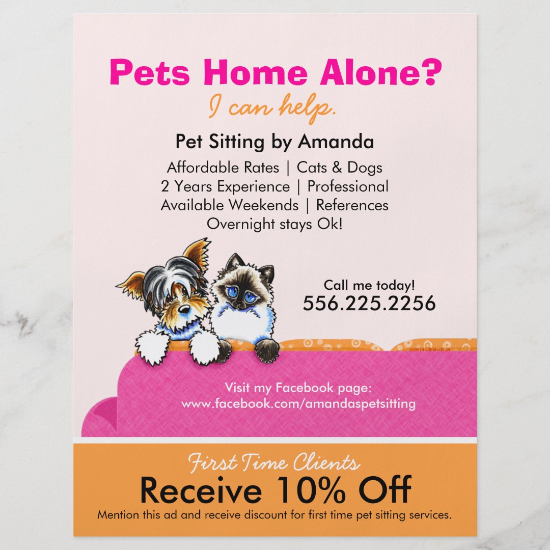 Pet Sitter Coupon Ad Yorkie Cat Couch Pink Flyer | Zazzle