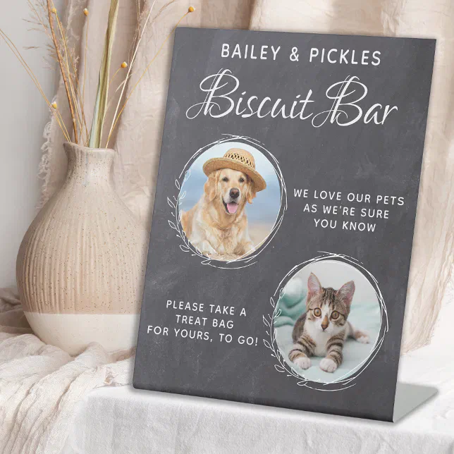 Pet Wedding Custom Photo Dog Treat Biscuit Bar Pedestal Sign | Zazzle