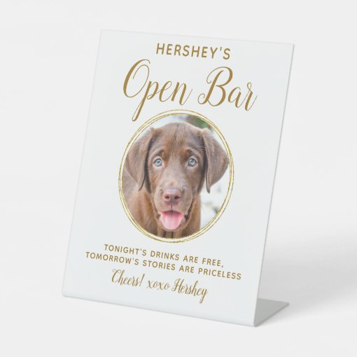 Pet Wedding Open Bar Dog Photo Elegant Gold Drinks Pedestal Sign | Zazzle