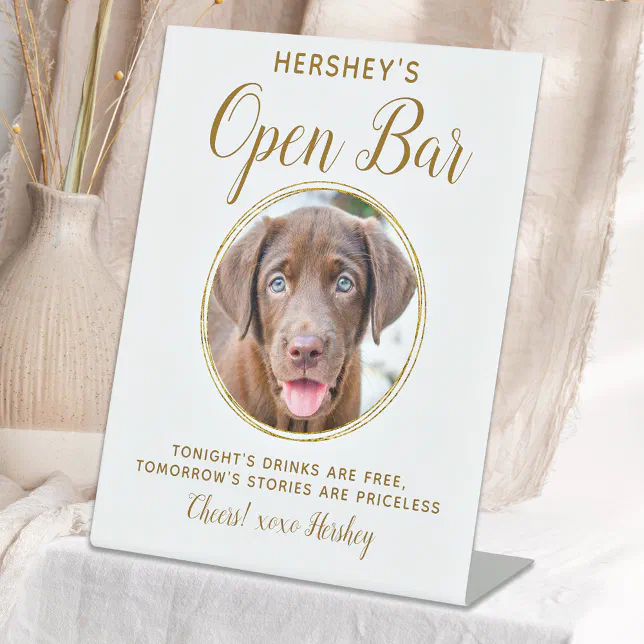 Pet Wedding Open Bar Dog Photo Elegant Gold Drinks Pedestal Sign | Zazzle