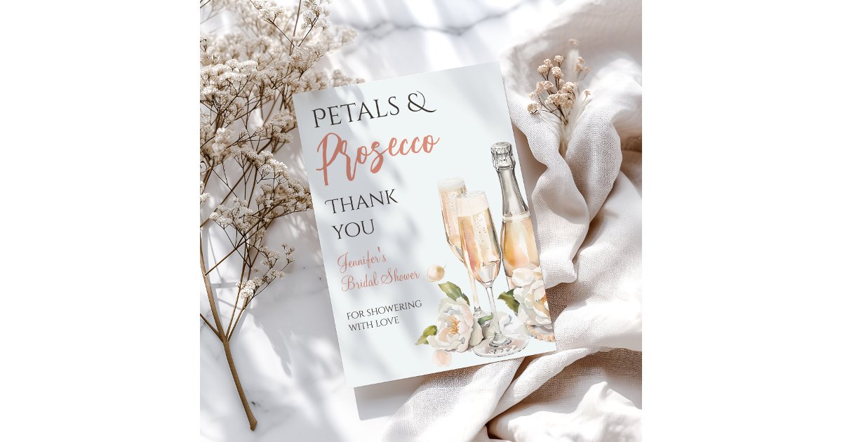 Petals and Prosecco Bridal Shower Thank You Card | Zazzle