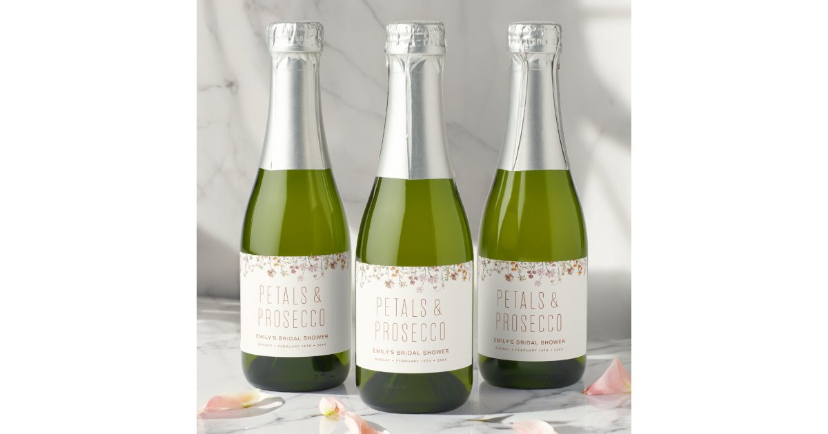 Petals and Prosecco Wildflower Bridal Shower Sparkling Wine Label | Zazzle
