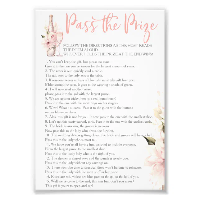Petals Prosecco Pass the Prize Bridal Shower Game Photo Print | Zazzle