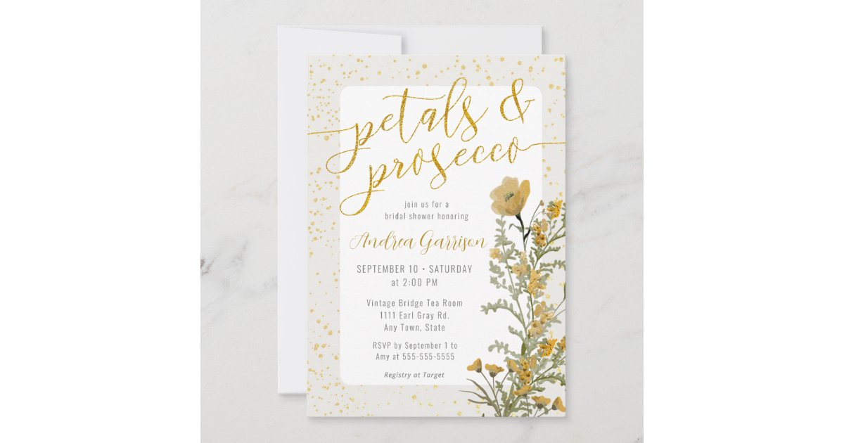 Petals & Prosecco Yellow Bridal Shower Invitation | Zazzle