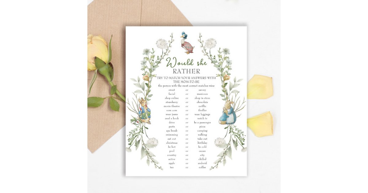 Peter Rabbit Baby Shower Would She Rather | Zazzle