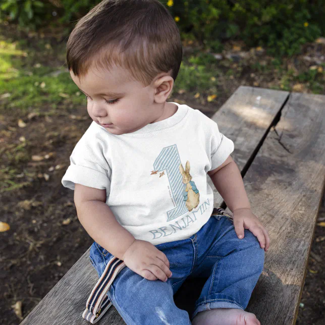Peter Rabbit | Boy First Birthday with Name Baby T-Shirt | Zazzle
