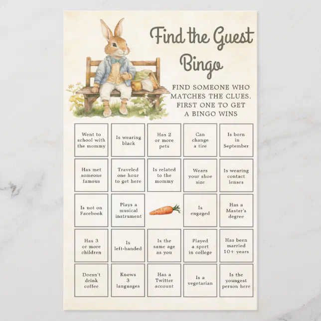 Peter The Rabbit Baby Shower Find The Guest Bingo | Zazzle