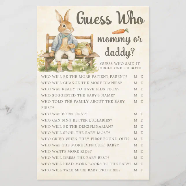 Peter The Rabbit Baby Shower Guess Who Game | Zazzle