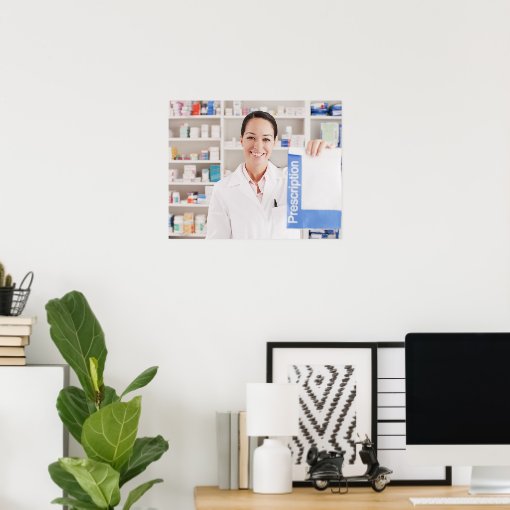 Pharmacist holding prescription in drug store poster | Zazzle