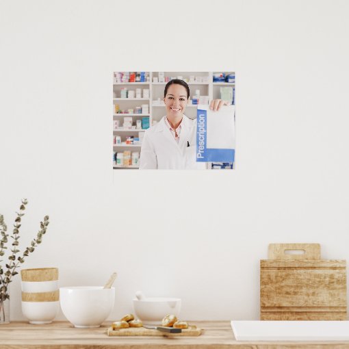 Pharmacist holding prescription in drug store poster | Zazzle
