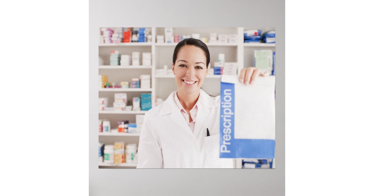 Pharmacist holding prescription in drug store poster | Zazzle
