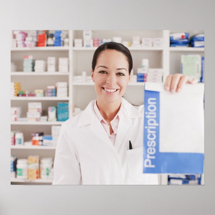 Pharmacist holding prescription in drug store poster | Zazzle.com