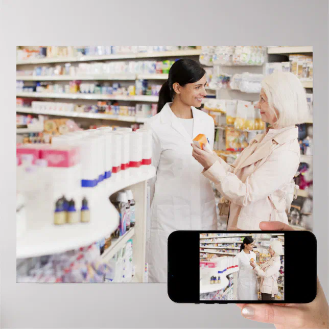Pharmacist talking to customer in drug store poster | Zazzle