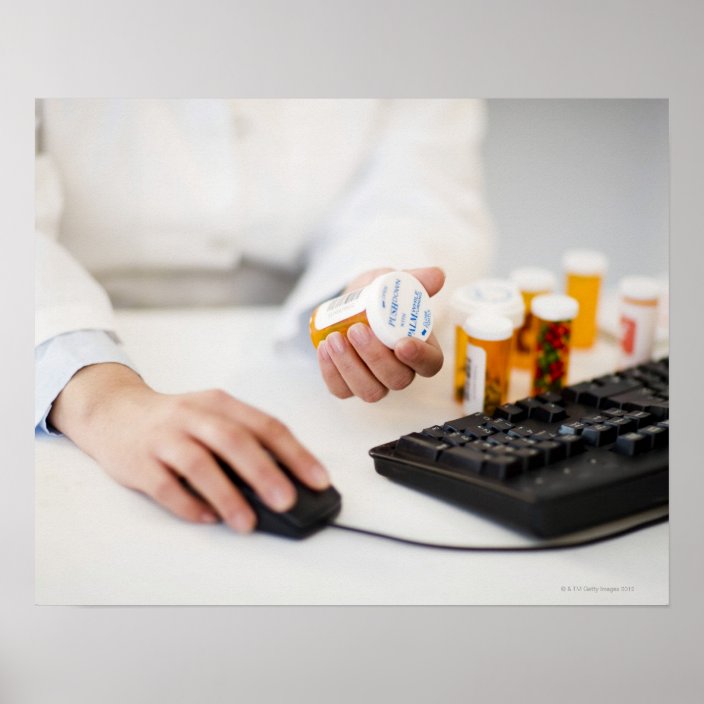 Pharmacist with pill bottles at computer poster | Zazzle.com