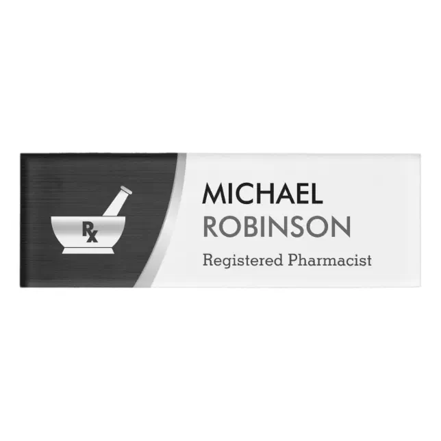 Pharmacy Pharmacist Logo Modern Black Silver Name Tag | Zazzle