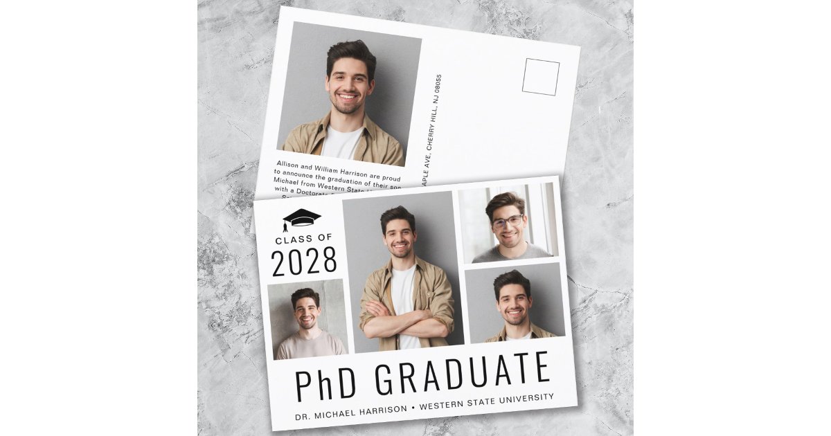 PhD 5 Photo Doctorate Degree Graduation Announcement Postcard | Zazzle