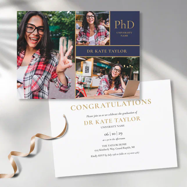 PhD Degree 3 Photo Collage Graduation Party Invitation | Zazzle