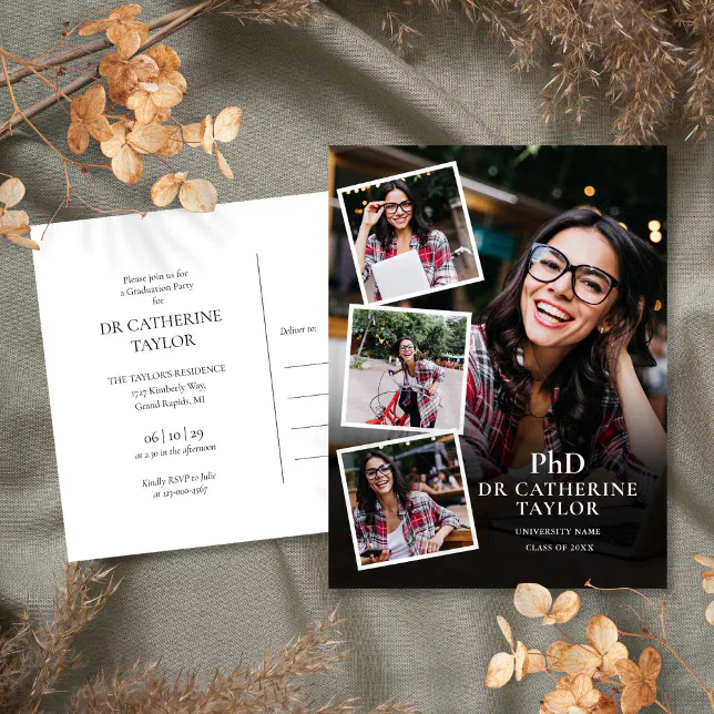 PhD Degree 4 Photo Graduation Party Invitation Postcard | Zazzle
