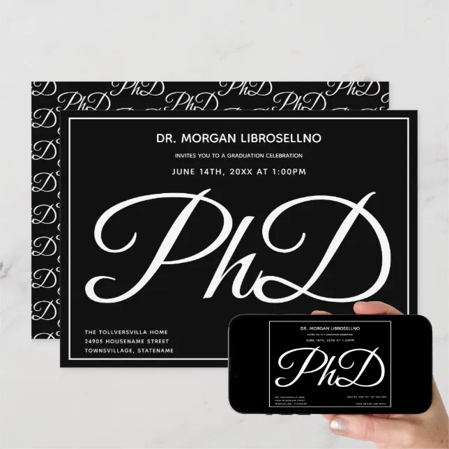 PhD degree Black Graduation Party Invitation | Zazzle