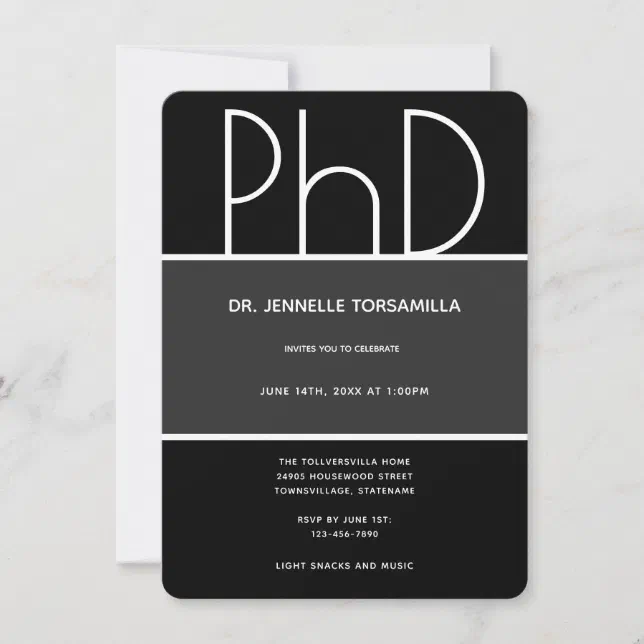 PhD degree Black Gray White Vertical Graduation Invitation | Zazzle