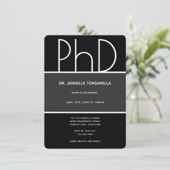 PhD degree Black Gray White Vertical Graduation Invitation | Zazzle