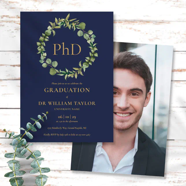 PhD Degree Blue Garland Photo Graduation Party Invitation | Zazzle