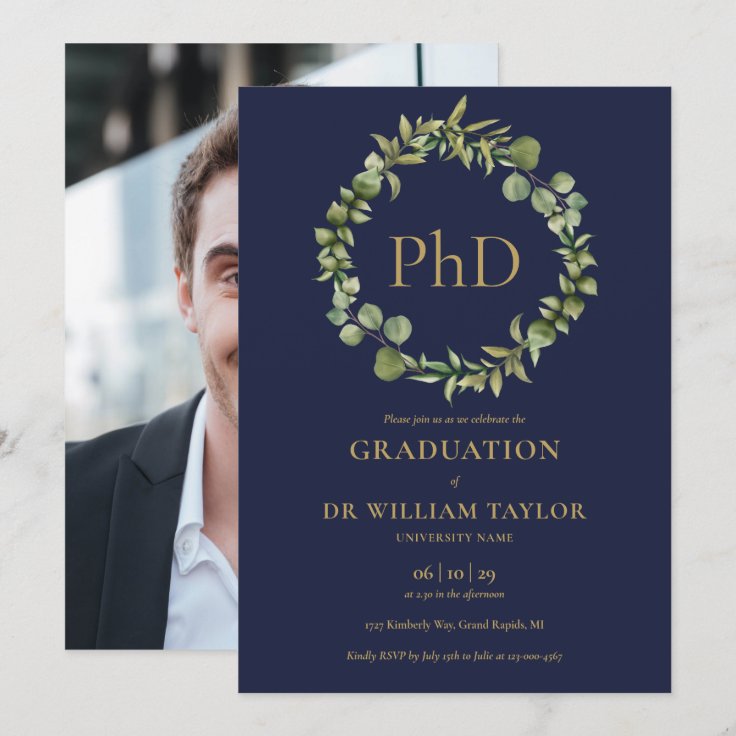 PhD Degree Blue Garland Photo Graduation Party Invitation | Zazzle