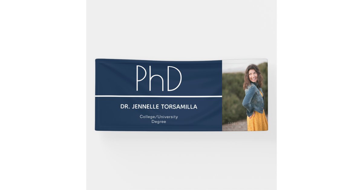PhD degree Blue White Graduation Photo Celebration Banner | Zazzle
