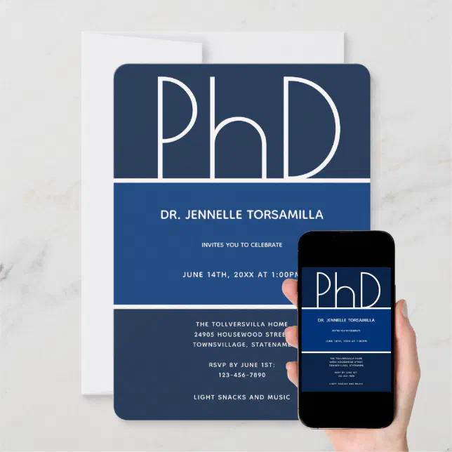 PhD degree Blue White Vertical Graduation Party Invitation | Zazzle