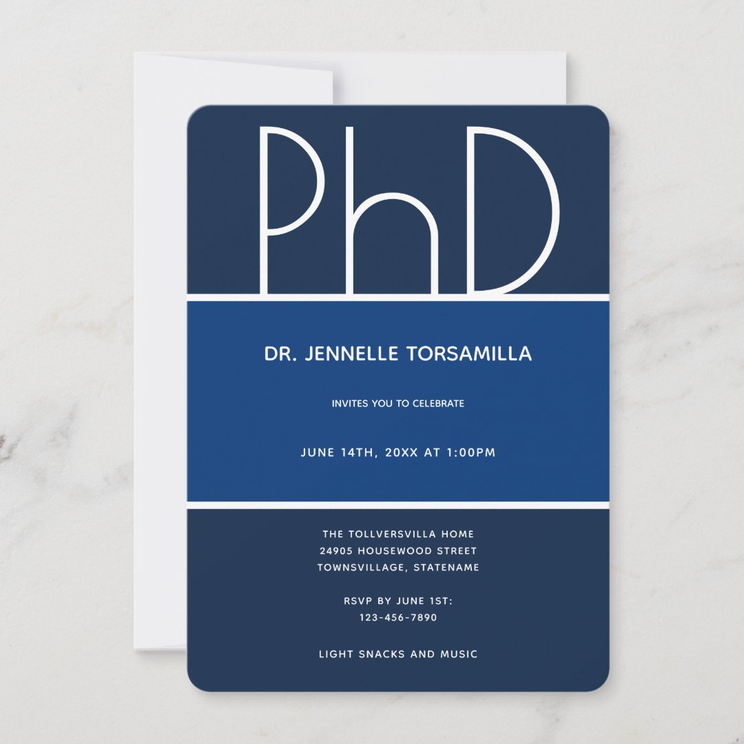 PhD degree Blue White Vertical Graduation Party Invitation | Zazzle
