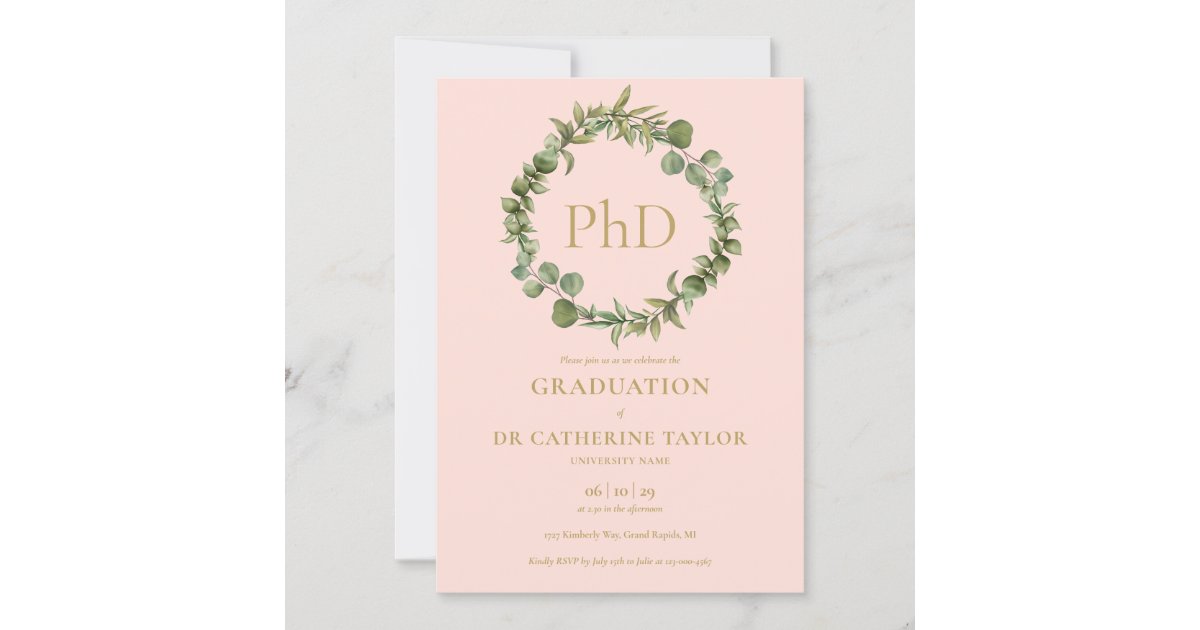 PhD Degree Blush Pink Garland Graduation Invitation | Zazzle