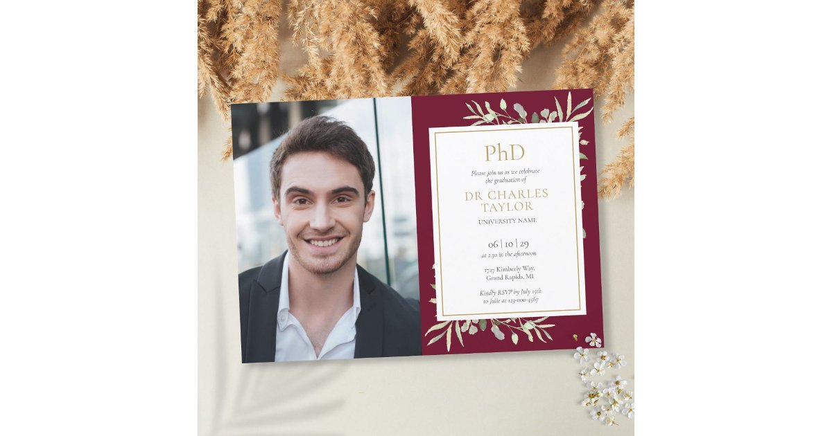 PhD Degree Burgundy Greenery Graduation Photo Invitation | Zazzle