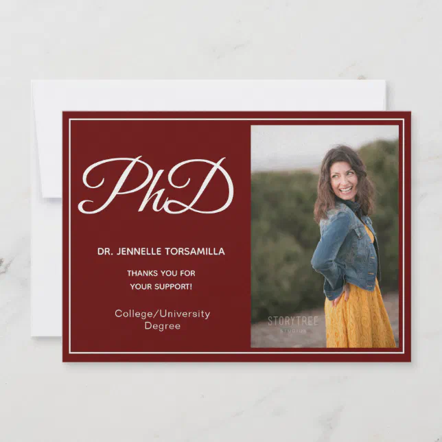 PhD degree Burgundy White Photo Script Graduation Announcement | Zazzle