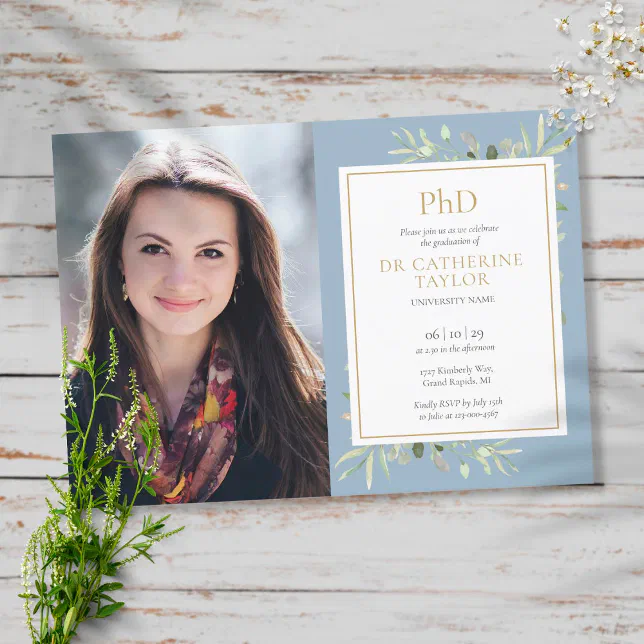 PhD Degree Dusty Blue Greenery Graduation Photo Invitation | Zazzle