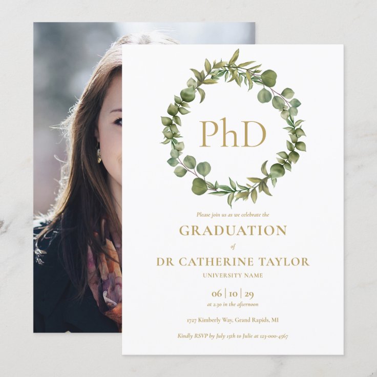 PhD Degree Elegant Garland Photo Graduation Party Invitation | Zazzle