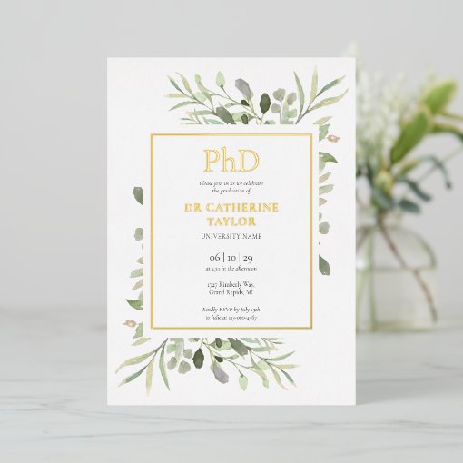 Phd Degree Elegant Greenery Photo Graduation Gold Foil Invitation | Zazzle