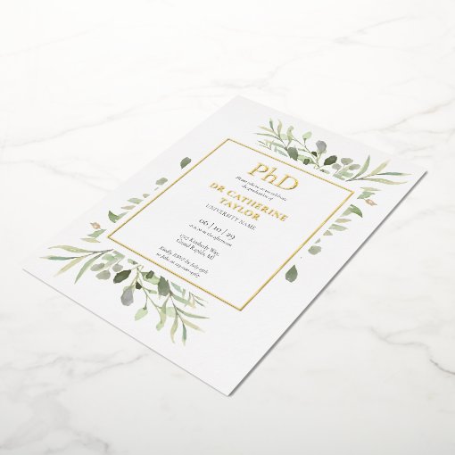 Phd Degree Elegant Greenery Photo Graduation Gold Foil Invitation | Zazzle