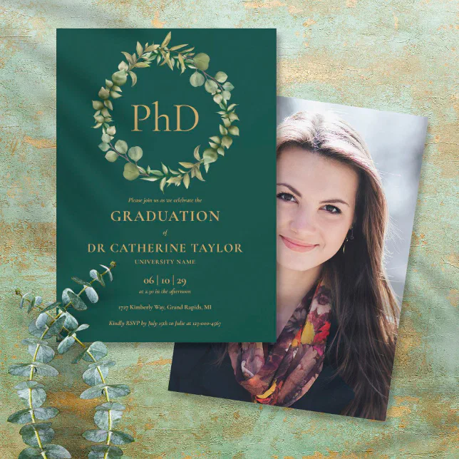 PhD Degree Emerald Garland Photo Graduation Party Invitation | Zazzle