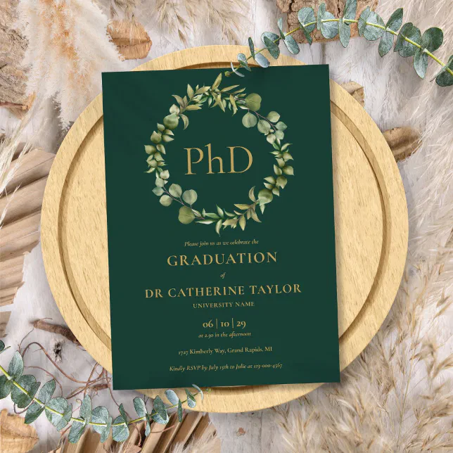PhD Degree Emerald Green Garland Graduation Party Invitation | Zazzle