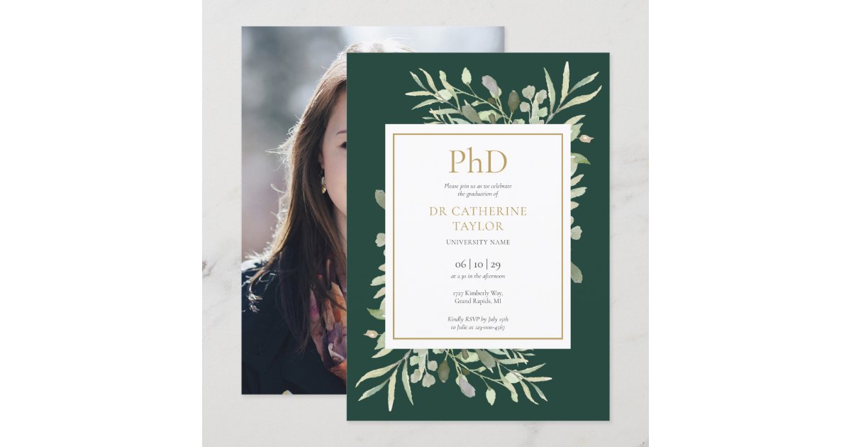 Phd Degree Emerald Greenery Photo Graduation Invitation | Zazzle