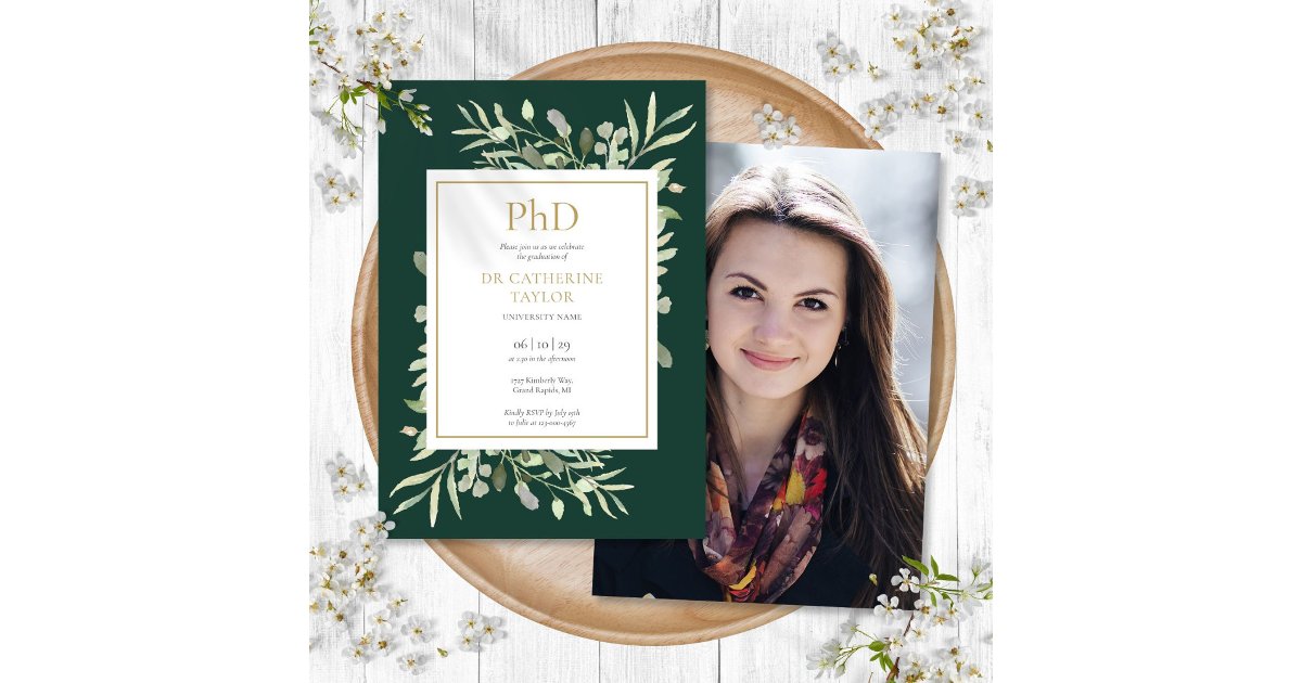 Phd Degree Emerald Greenery Photo Graduation Invitation | Zazzle