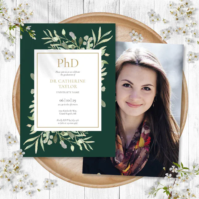 Phd Degree Emerald Greenery Photo Graduation Invitation | Zazzle
