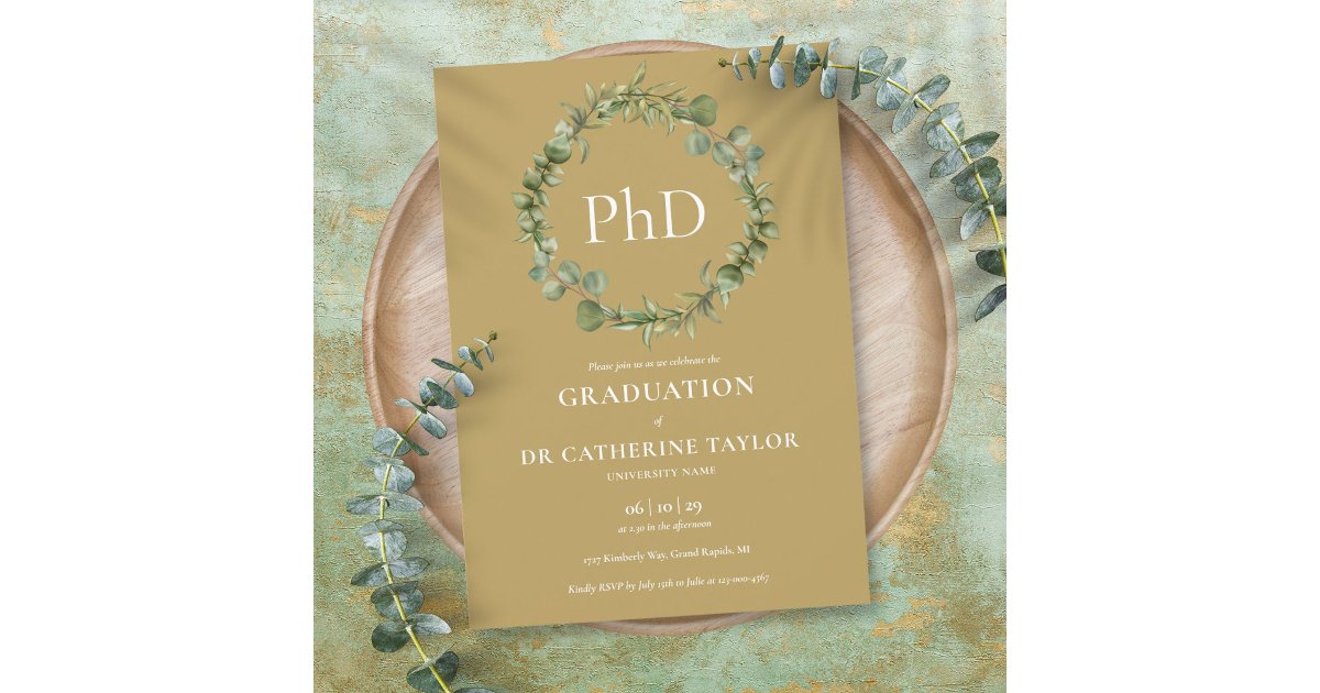 PhD Degree Gold Garland Graduation Party Invitation | Zazzle