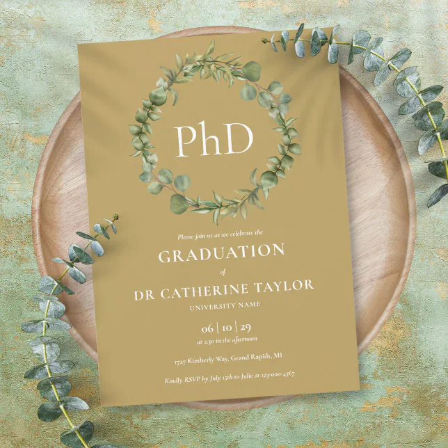 PhD Degree Gold Garland Graduation Party Invitation | Zazzle